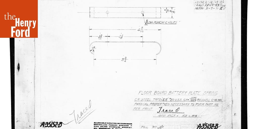 Drawing, "Floor Board Battery Plate Spring," Ford Model A, May 7, 1930 ...