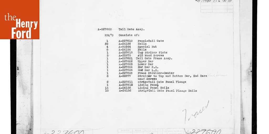 Drawing, "Tail Gate Assy," Ford Model A, January 6, 1931 - The Henry Ford