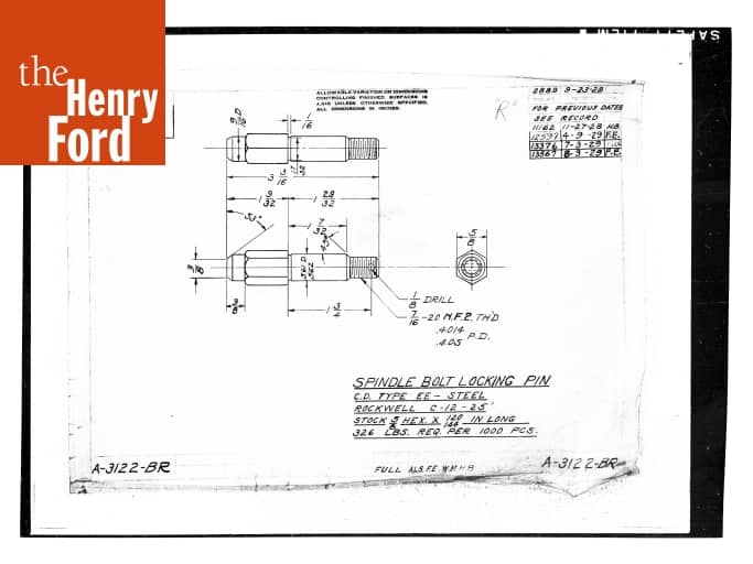 Drawing, "Spindle Bolt Locking Pin," Ford Model A, August 3, 1929 - The ...