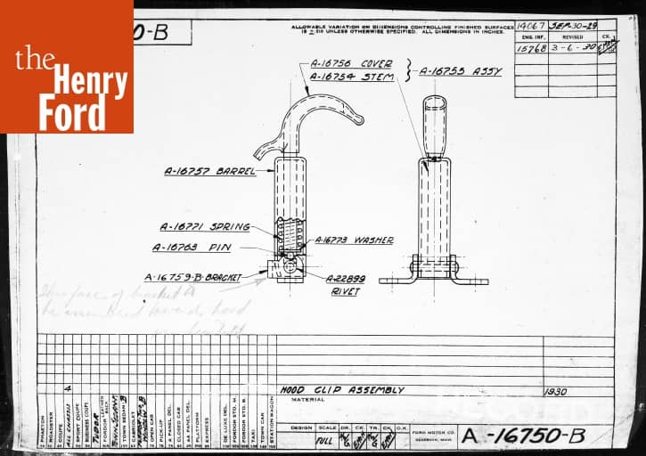 Drawing, "Hood Clip Assembly," Ford Model A, March 6, 1930 - The Henry Ford