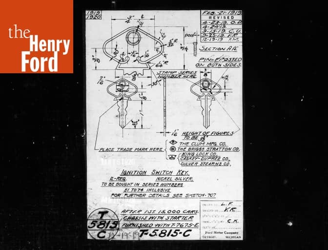 Drawing, "Ignition Switch Key," Ford Model T, December 19, 1919 - The ...