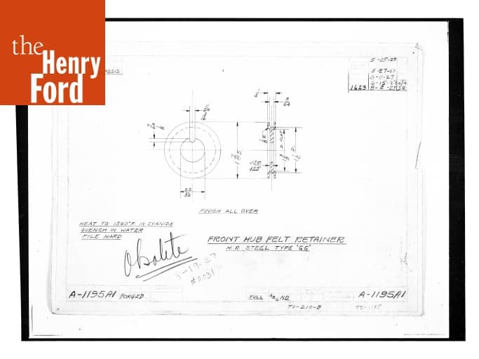 Drawing, "Front Hub Felt Retainer," Ford Model A, August 2, 1927 - The ...