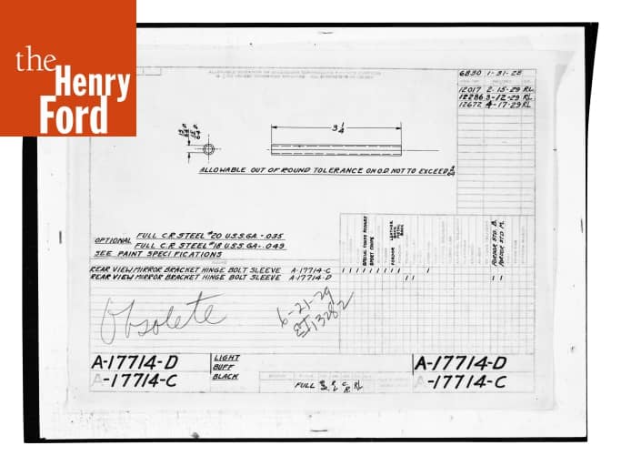 Drawing, "Rear View Mirror Bracket Hinge Bolt Sleeve," Ford Model A ...