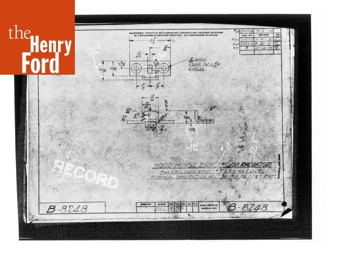Drawing, "Hood Hinge Bracket - on Radiator," Ford Automobile, October ...
