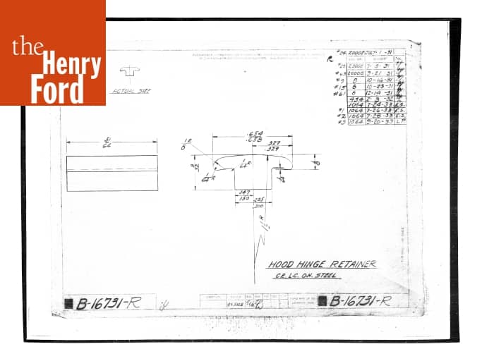 Drawing, "Hood Hinge Retainer," Ford Automobile, September 20, 1933 ...