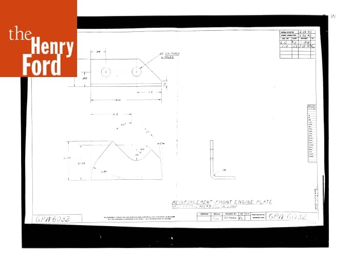 Drawing, "Reinforcement - Front Engine Plate," Ford GPW, March 28, 1942 ...