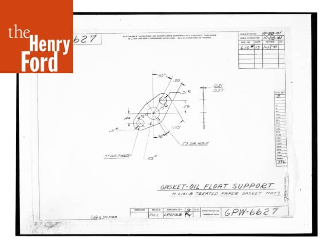 Drawing, "Gasket - Oil Float Support," Ford GPW, November 18, 1941 ...