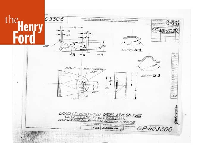 Drawing, "Bracket - Windshield Swing Arm on Tube," Ford GP, March 28 ...