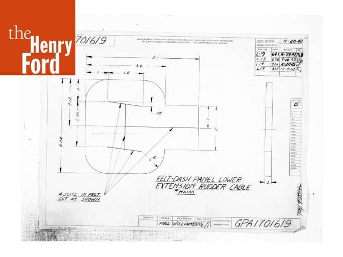 Drawing, "Felt - Dash Panel Lower Extension Rudder Cable," Ford GPA ...