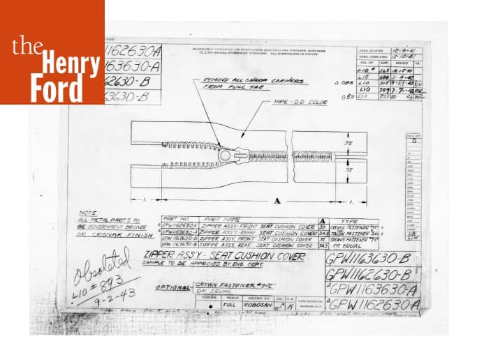 Drawing, "Zipper Ass'y. - Seat Cushion Cover," Ford GPW, October 1943 ...