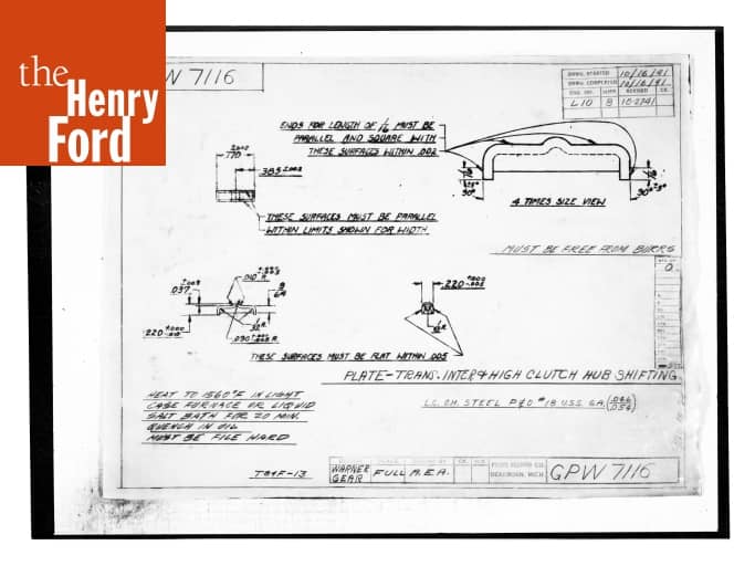 Drawing, "Plate - Trans. Inter & High Clutch Hub Shifting," Ford GPW ...