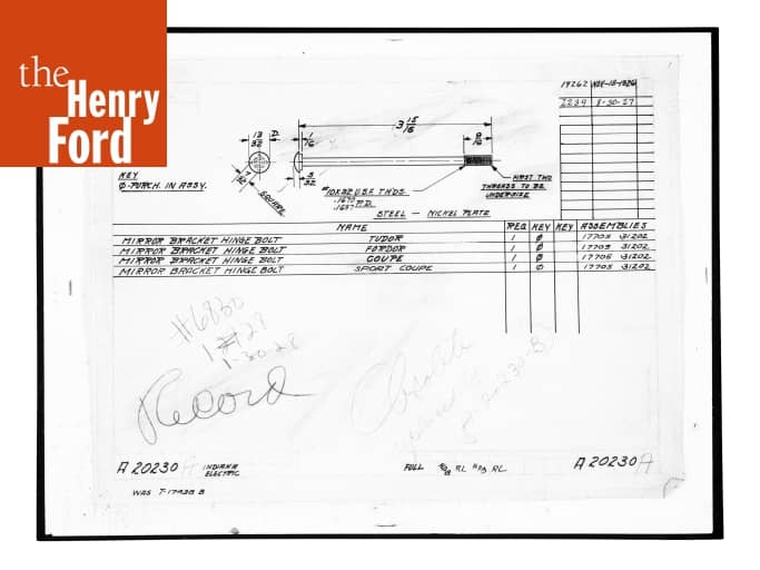 Drawing, "Mirror Bracket Hinge Bolt," Ford Model A, August 30, 1927 ...