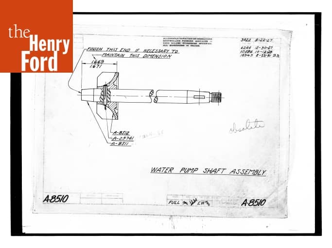 Drawing, "Water Pump Shaft Assembly," Ford Model A, February 23, 1931 ...