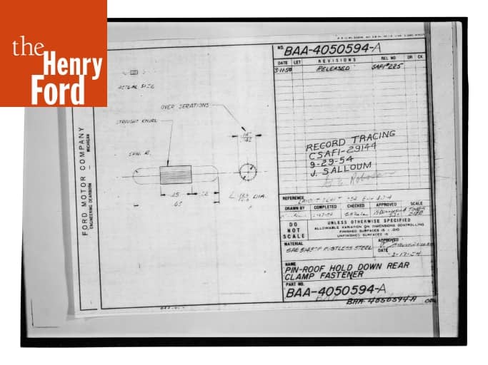 Drawing, "Pin - Roof Hold Down Rear Clamp Fastener," Ford Automobile ...