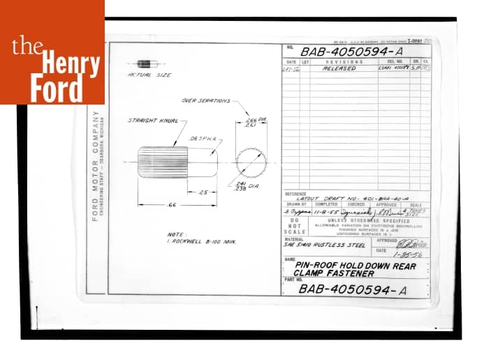 Drawing, "Pin - Roof Hold Down Rear Clamp Fastener," Ford Automobile ...