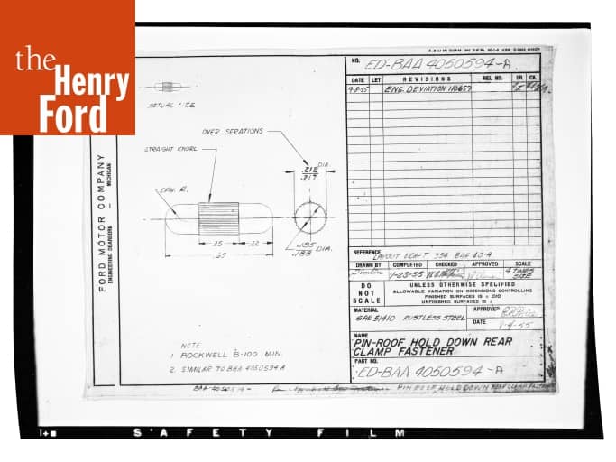 Drawing, "Pin - Roof Hold Down Rear Clamp Fastener," Ford Automobile ...