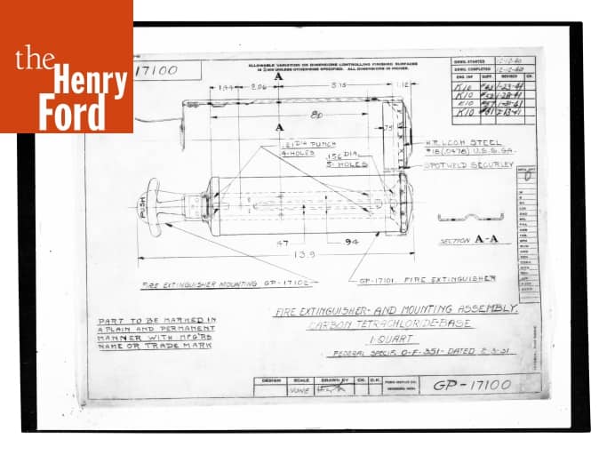 Drawing, "Fire Extinguisher - and Mounting Assembly," Ford GP, February ...
