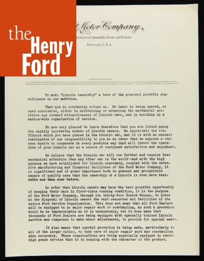 Form Letter from Ford Motor Company to Lincoln Automobile Owners, 1922 ...