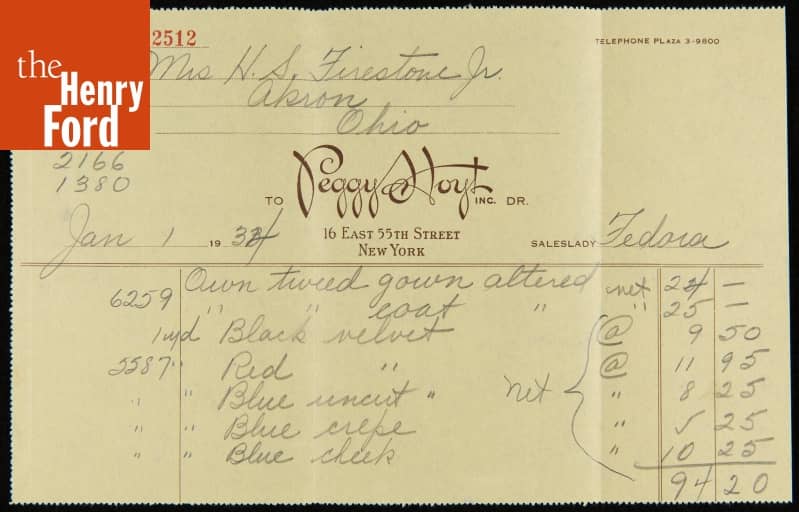 Receipt for Mrs. H.S. Firestone, Jr. from Peggy Hoyt, Inc., January 1 ...