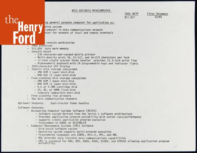 Specifications for the Burroughs B91S Business Mini-Computer, September ...