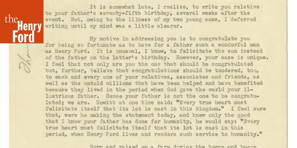 Letter from James H. Bear to Edsel Ford Praising Henry Ford and the ...
