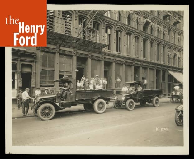 Two Mack Model AB Trucks with Worm Drives Parked in front of Jos. P ...
