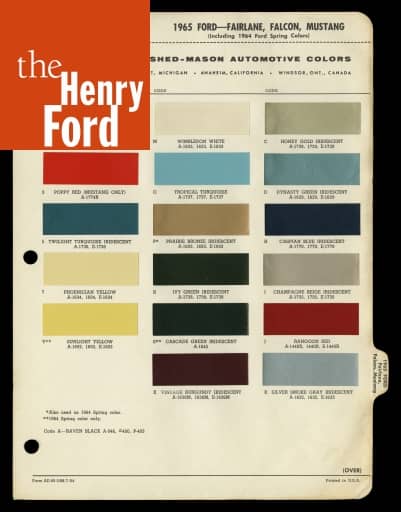 Paint Color Sample Card for 1965 Ford Fairlane, Falcon, and Mustang ...