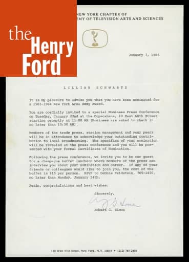 Letter Notifying Lillian Schwartz of Her 1983-1984 New York Area Emmy ...