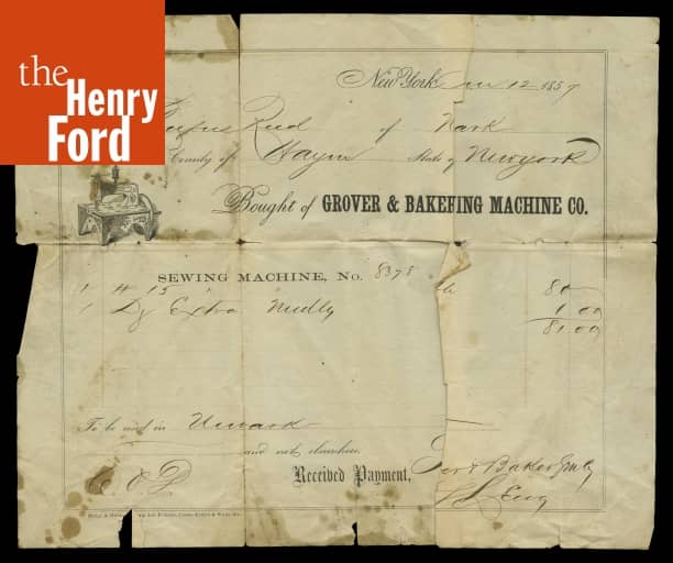 Receipt for Grover & Baker Portable Sewing Machine and Needles ...