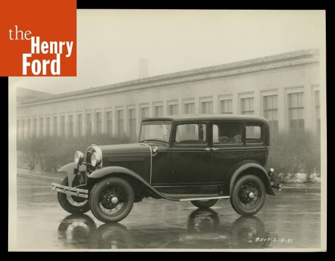 Ford Model A Town Sedan outside Ford Engineering Laboratory, March 1931 ...