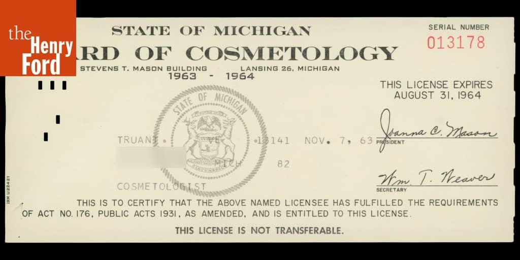 Velma Truant State of Michigan Cosmetology License, 1963-1964 - The ...