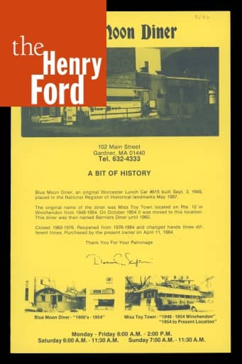 Blue Moon Diner Menu, 1992 - The Henry Ford