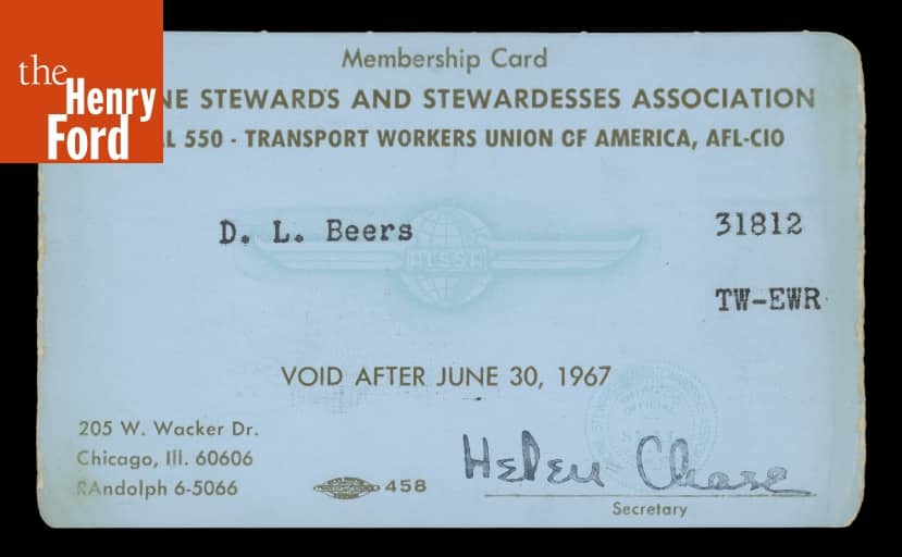 Air Line Stewards and Stewardesses Association Membership Card for D.L ...