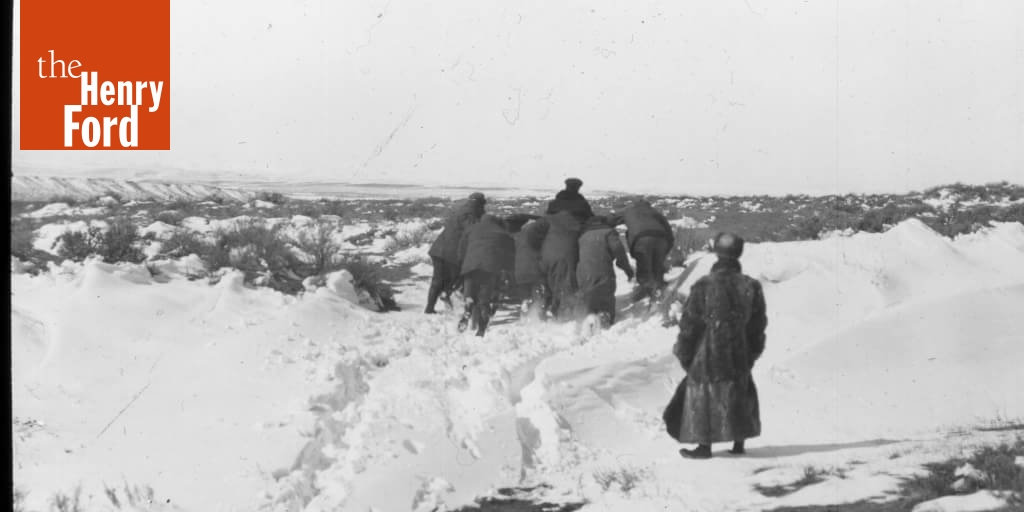 Pushing the Thomas Flyer Across a Snowdrift in Wyoming during the New ...