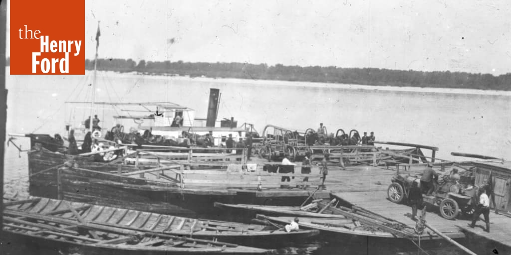 George Schuster Driving Thomas Flyer onto Ferry in Russia, New York to ...