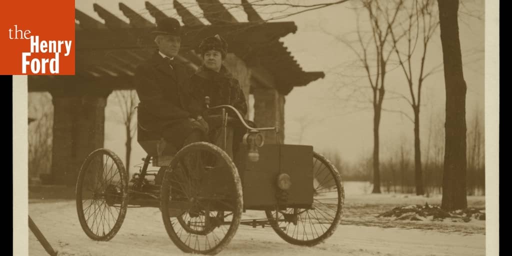 Henry Ford and Clara Ford at Fair Lane in the 1896 Quadricycle, 1918 ...