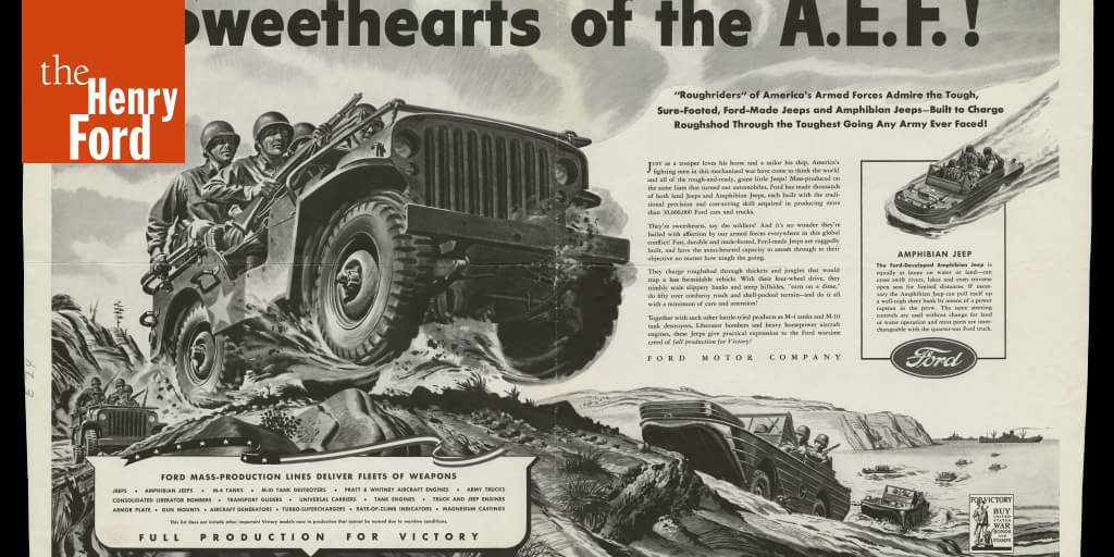 1943 Advertisement for Ford Motor Company Featuring Ford-Made Jeeps ...