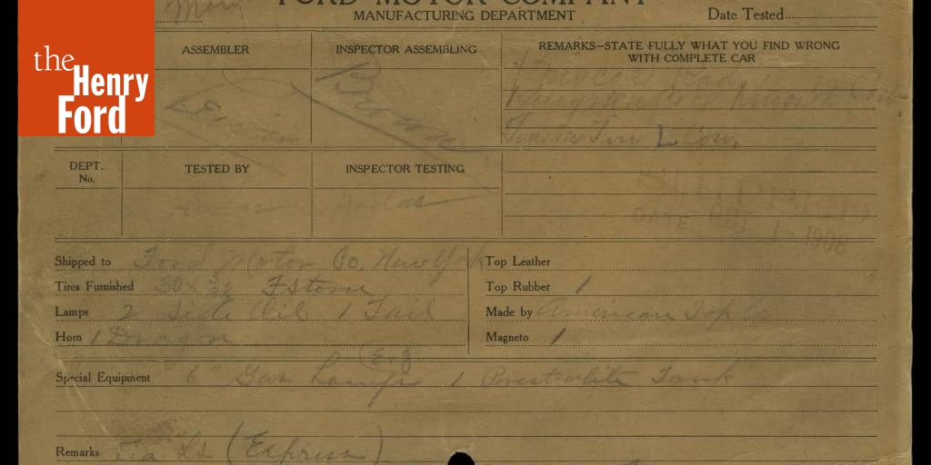 First Ford Model T Production Card, September 27, 1908 - The Henry Ford