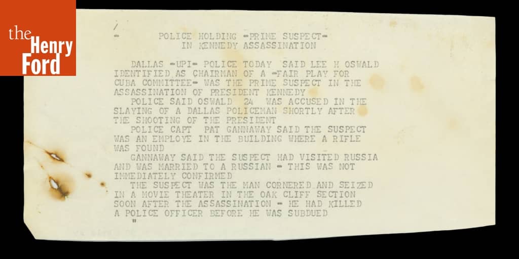 Teletype Message with Wire Service News Coverage of John F. Kennedy Assassination, November 22 ...