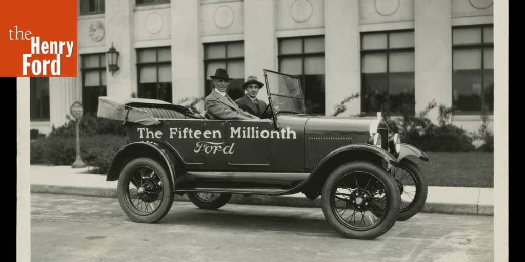 Henry Ford and Edsel Ford in Fifteen-Millionth Ford Model T Car on the ...