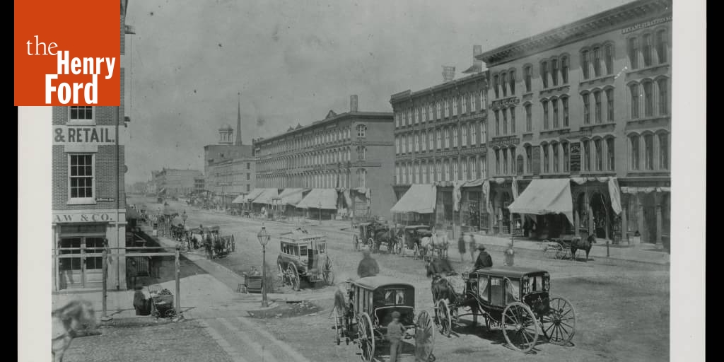 Horse-Drawn Vehicles on a Commercial Street in Detroit, Michigan, circa ...